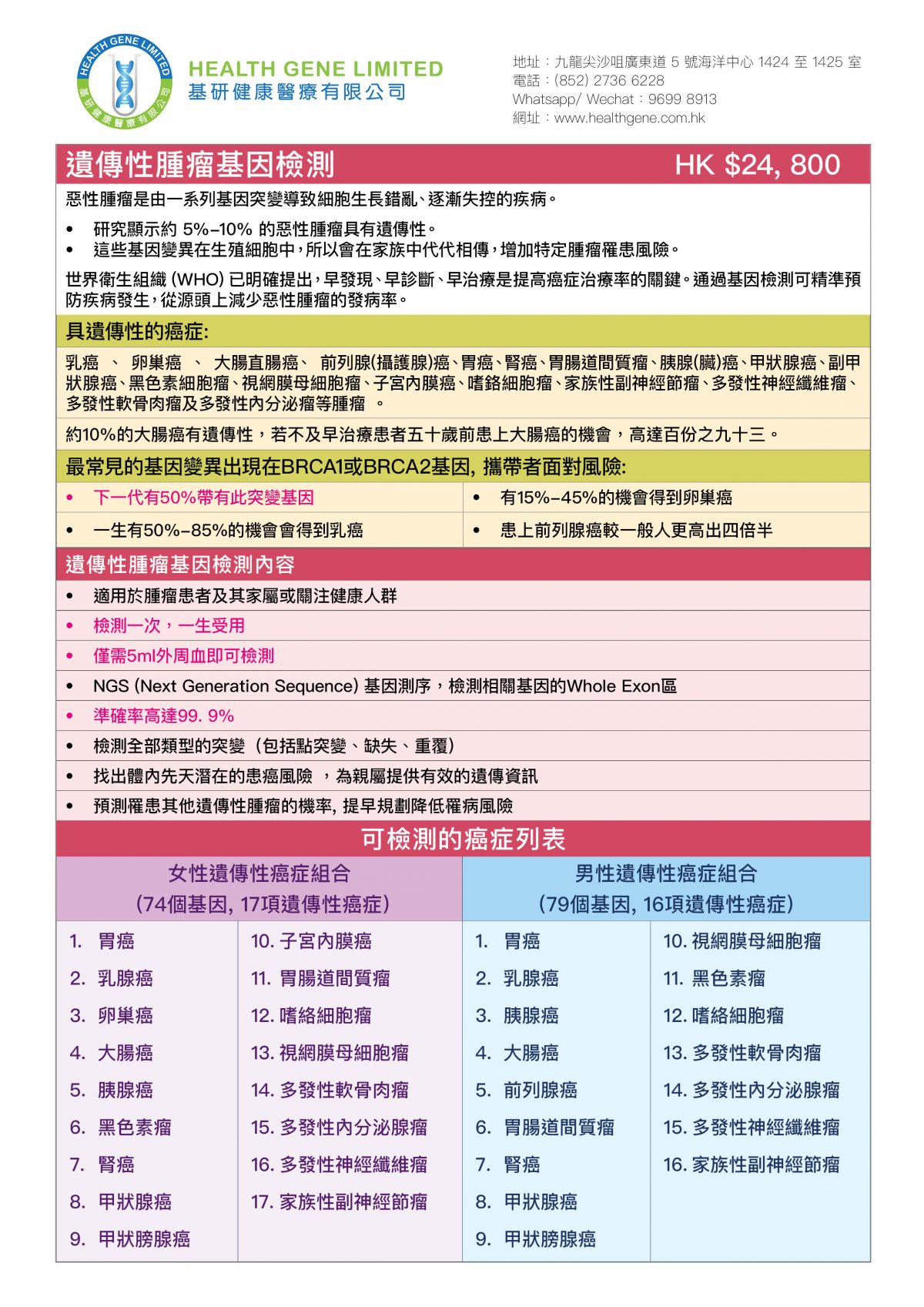 基因檢測 | 遺傳性腫瘤基因檢測 | HEALTH GENE LIMITED